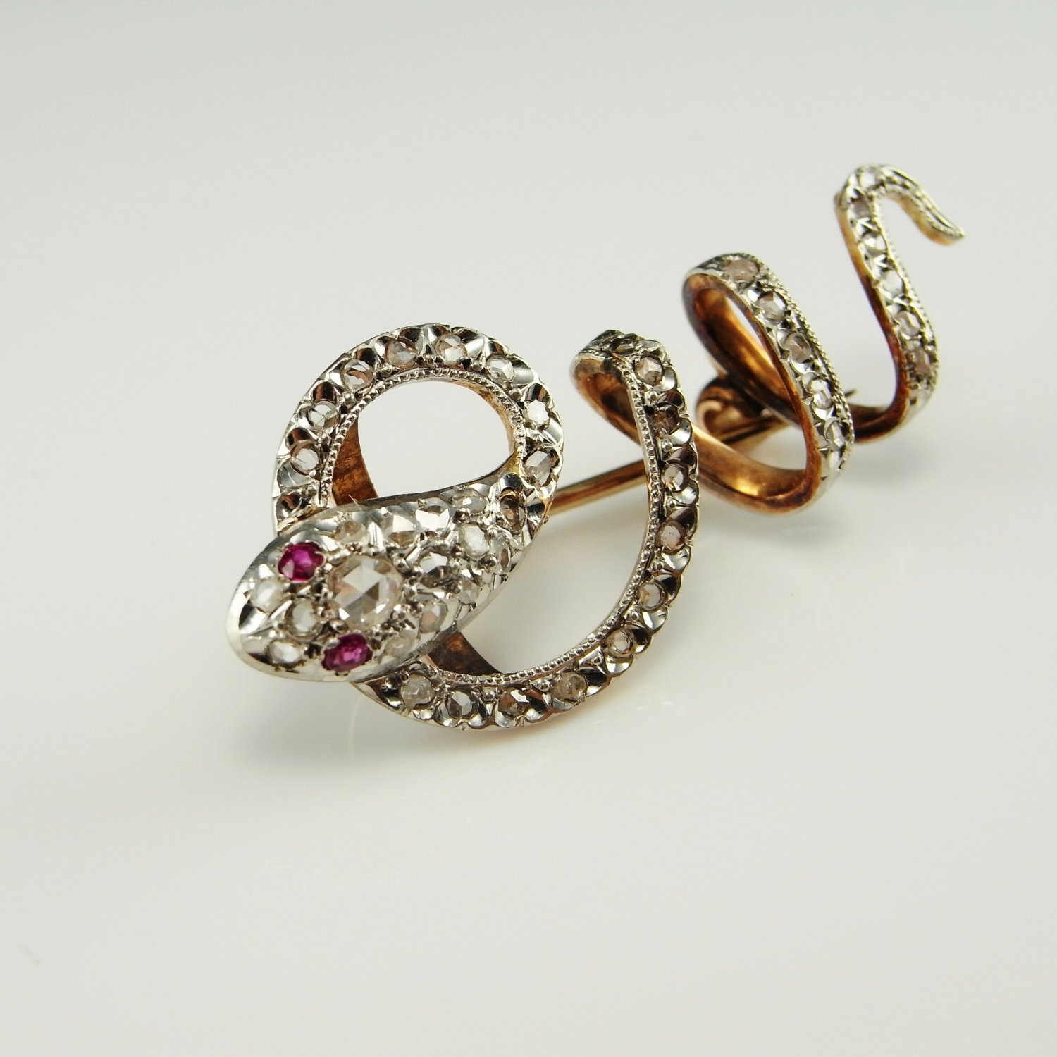 DIAMOND SNAKE SERPENT BROOCH ANTIQUE Victorian No Heat Ruby Rubies 18K ...