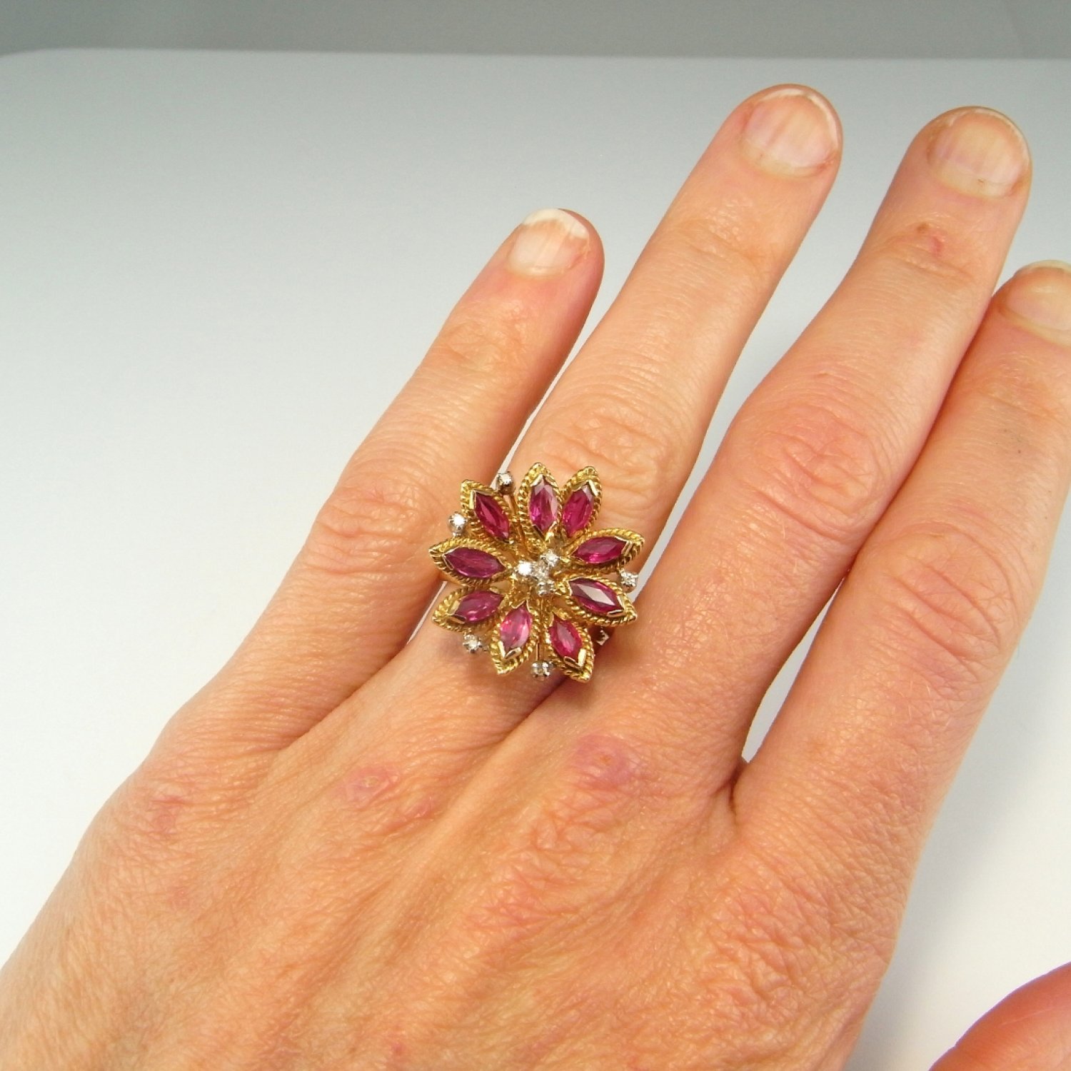 Natural Ruby Flower Ring Daisy Ring 10K Yellow Gold Marquise Cut Ruby ...